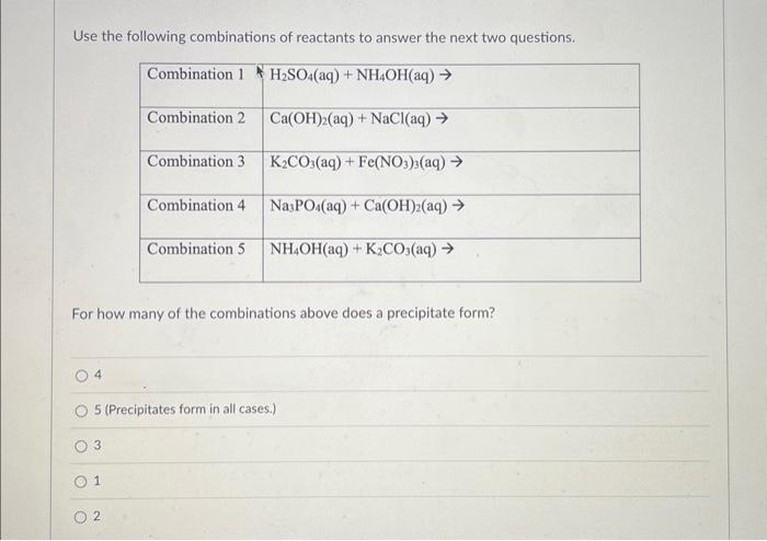 Solved Use the following combinations of reactants to answer | Chegg.com