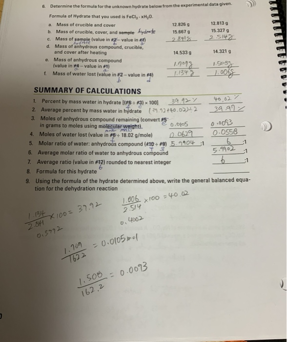Solved 6. Determine the formula for the unknown hydrate | Chegg.com