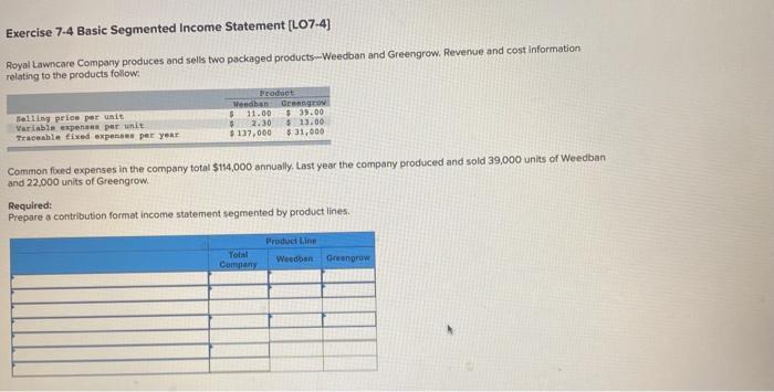 Solved Exercise 7-4 Basic Segmented Income Statement [LO7-4] | Chegg.com