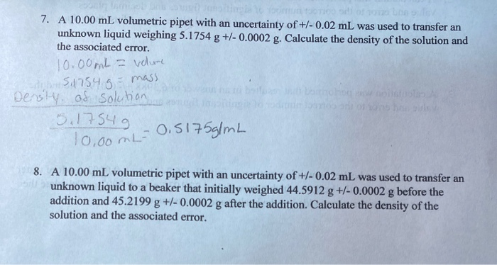 Solved 7. A 10.00 mL volumetric pipet with an uncertainty of | Chegg.com