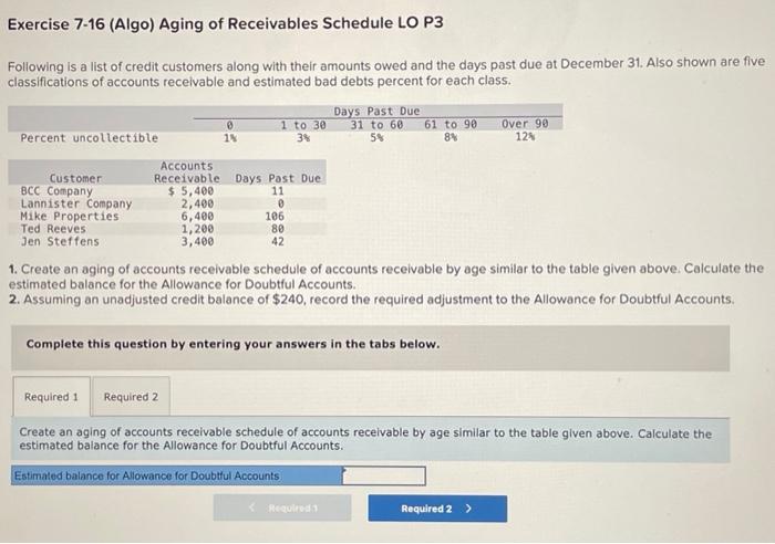 Solved Exercise 7-16 (Algo) Aging of Receivables Schedule LO | Chegg.com