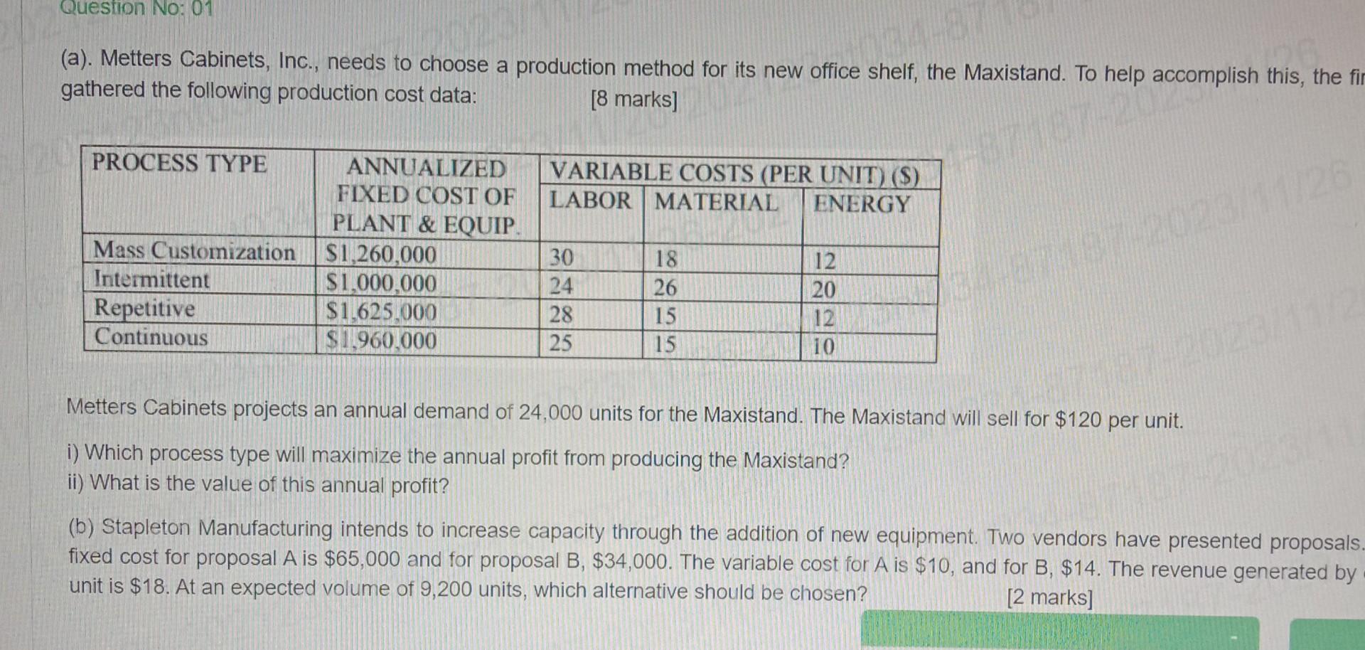 Solved (a). Metters Cabinets, Inc., needs to choose a | Chegg.com