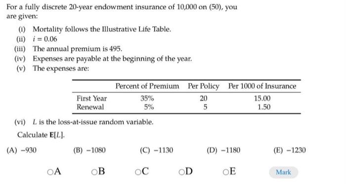 Solved For a fully discrete 20 -year endowment insurance of | Chegg.com