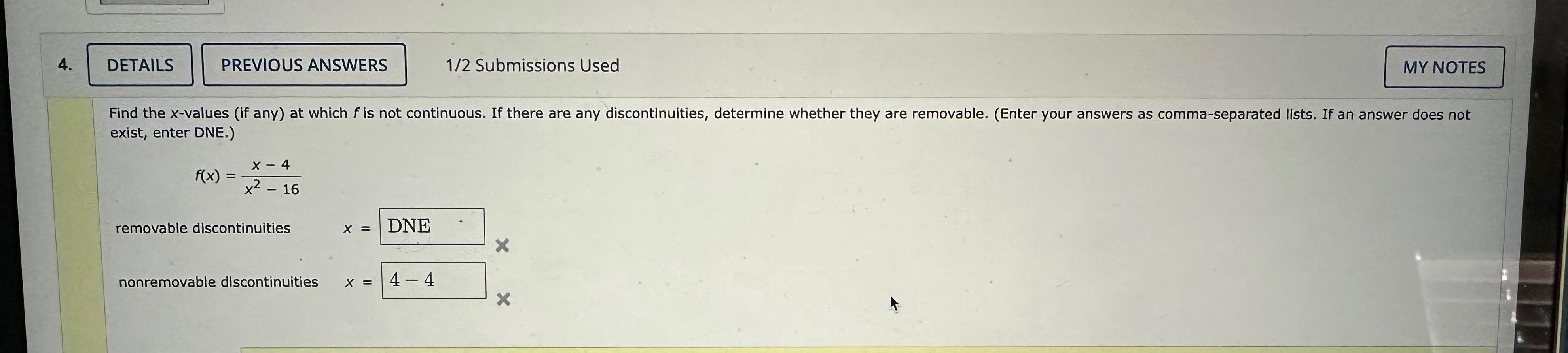 Solved DETAILSPREVIOUS ANSWERS1/2 ﻿Submissions UsedMY | Chegg.com