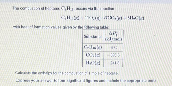Solved The combustion of heptane, C7H16, occurs via the | Chegg.com