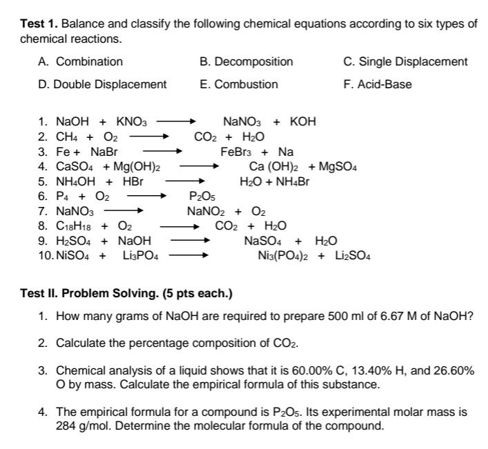 Solved Test 1. Balance and classify the following chemical | Chegg.com