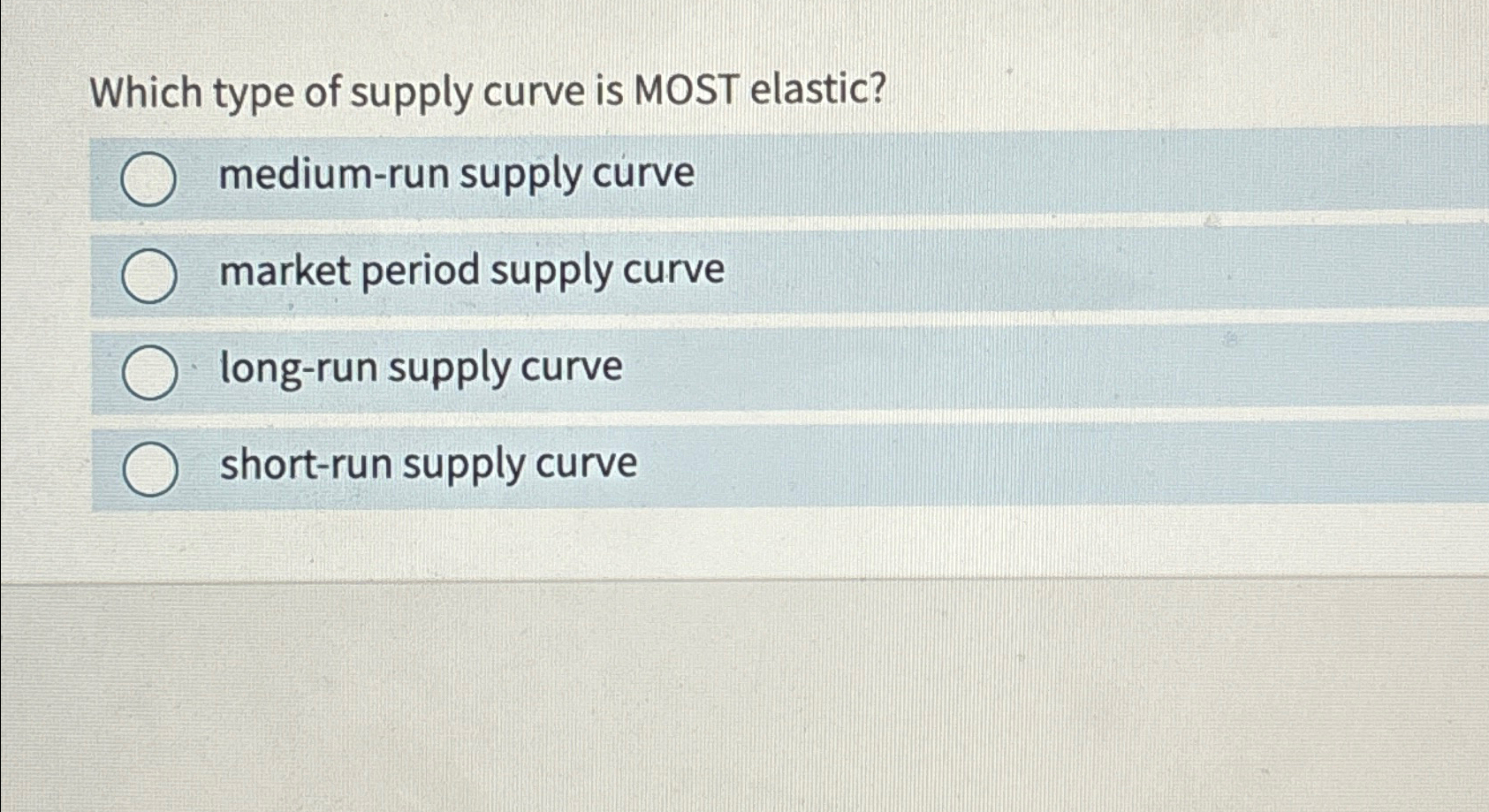 Solved Which type of supply curve is MOST elastic?medium-run | Chegg.com