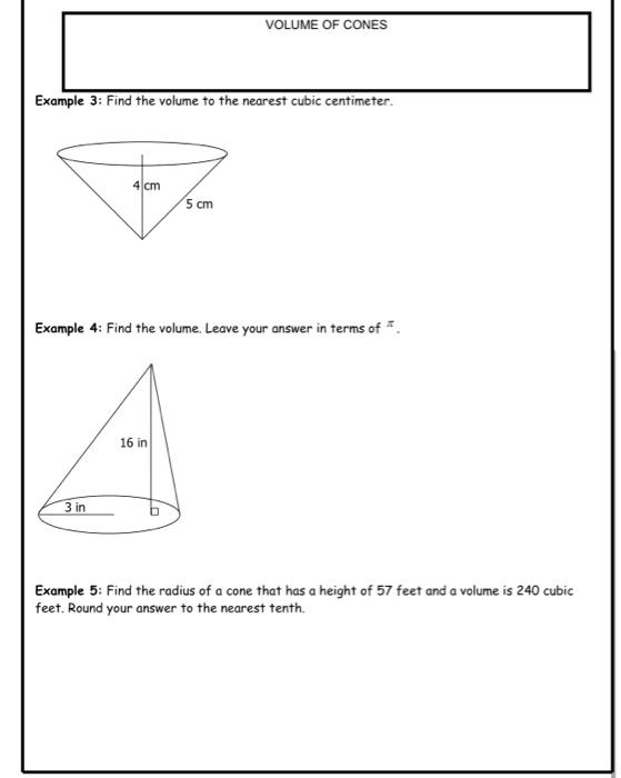 Solved VOLUME OF CONES Example 3: Find the volume to the | Chegg.com
