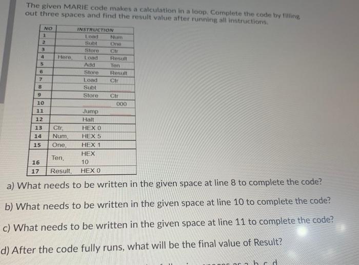 Solved The given MARIE code makes a calculation in a loop. | Chegg.com