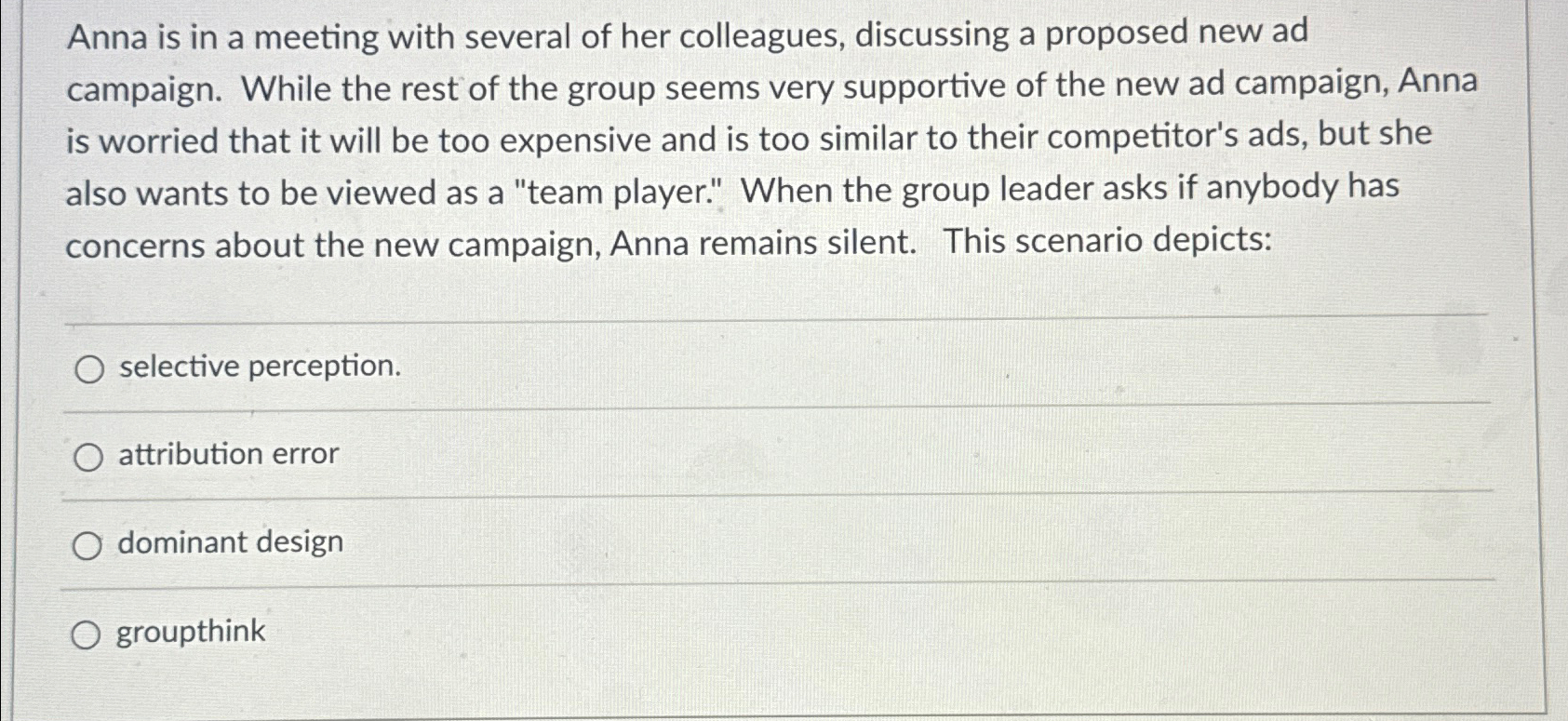 Solved Anna is in a meeting with several of her colleagues, | Chegg.com
