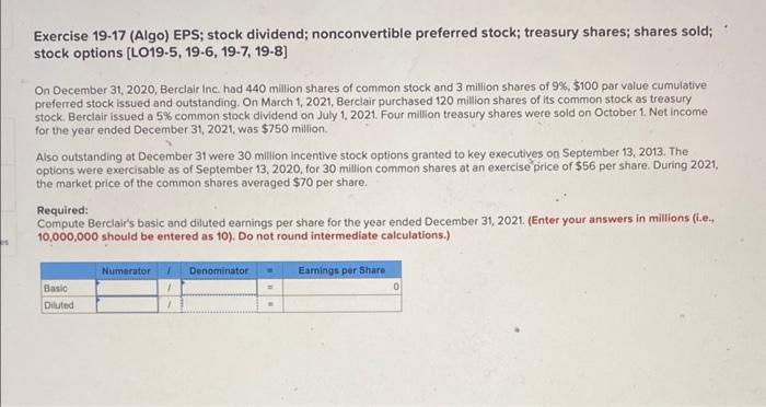 Solved Exercise 19-17 (Algo) EPS; stock dividend; | Chegg.com