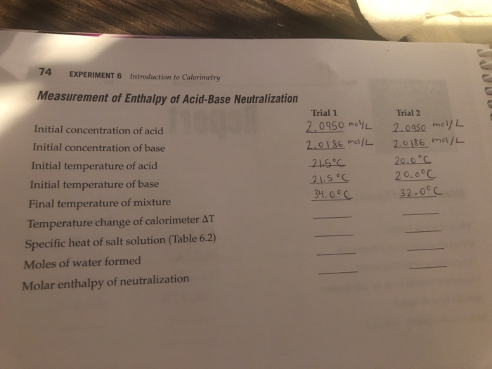 74 EXPERIMENT 6 Introduction to Calorimetry | Chegg.com