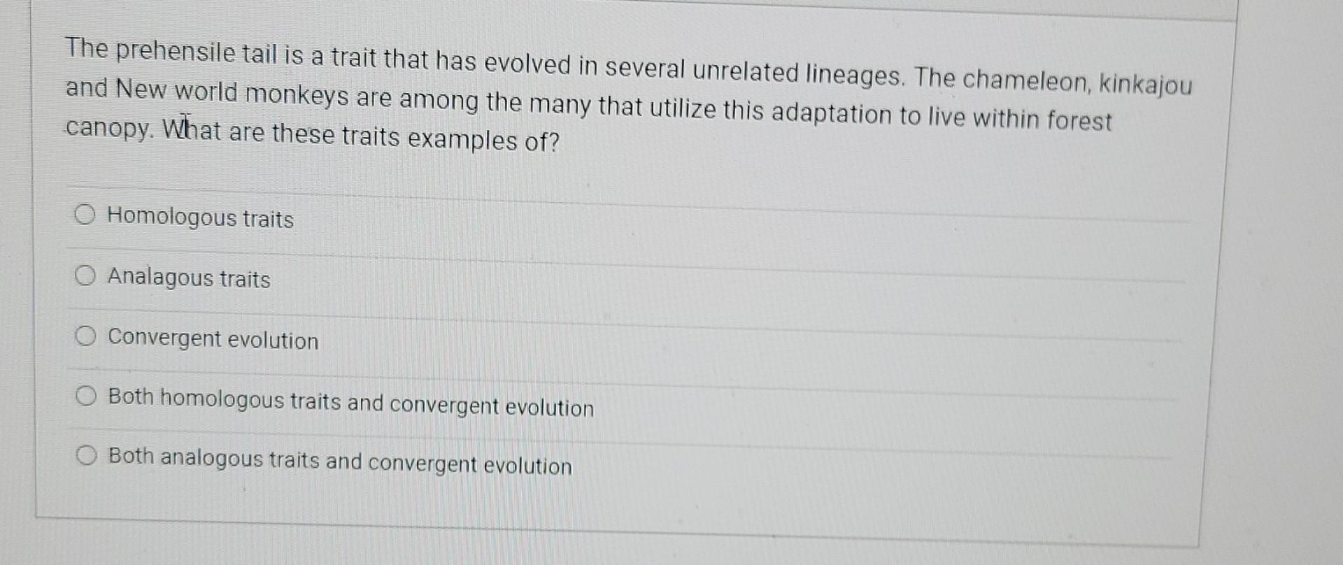 Solved The prehensile tail is a trait that has evolved in | Chegg.com