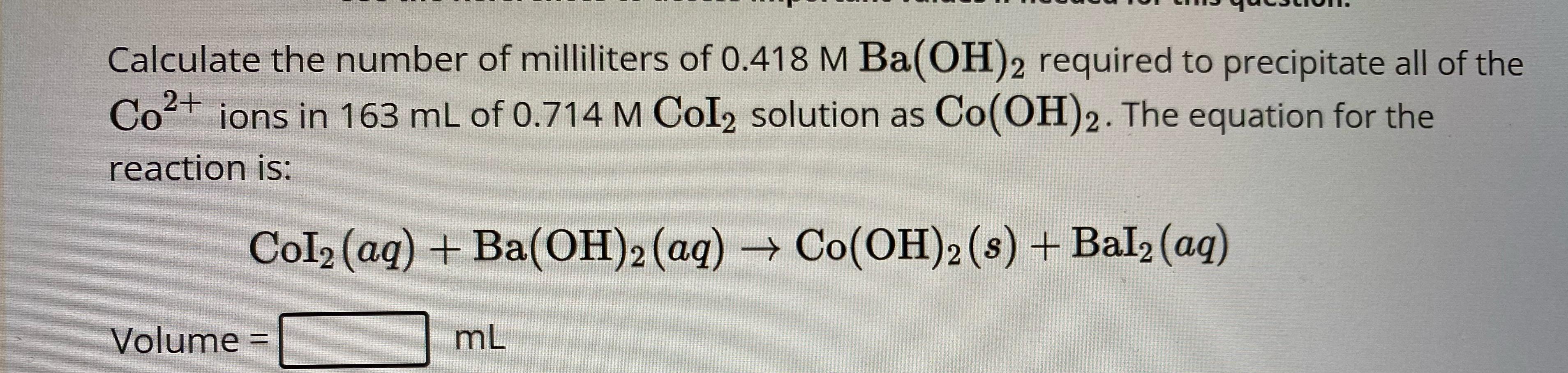 Solved Calculate the number of milliliters of 0.418MBa(OH)2 | Chegg.com