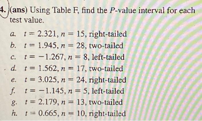 Solved 4. (ans) Using Table F, find the P-value interval for | Chegg.com