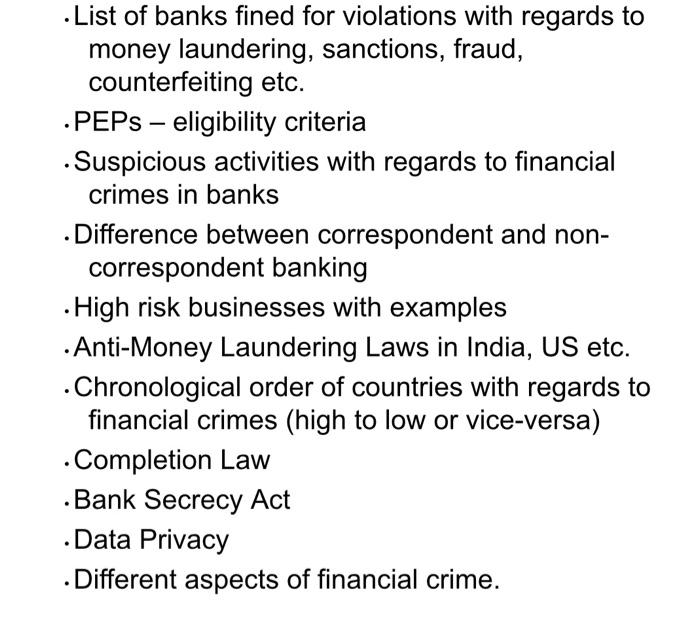 Solved - List of banks fined for violations with regards to | Chegg.com