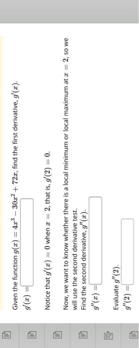 Solved Given the function g(x)=4x3−30x2+72x, find the first | Chegg.com