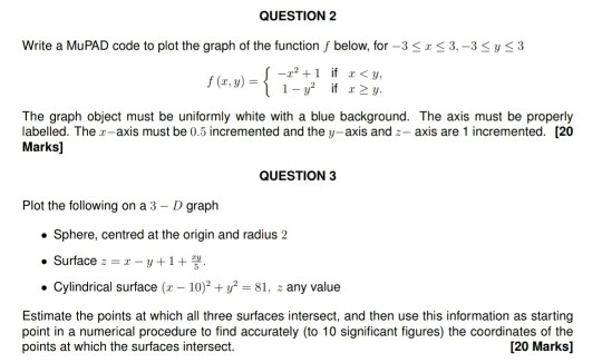 QUESTION 2 Write a MUPAD code to plot the graph of | Chegg.com