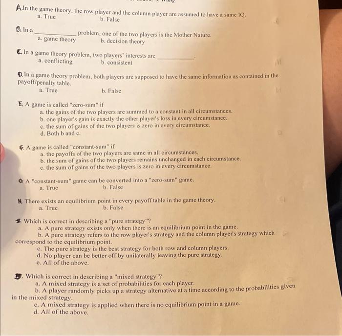Solved A.In the game theory, the row player and the column | Chegg.com