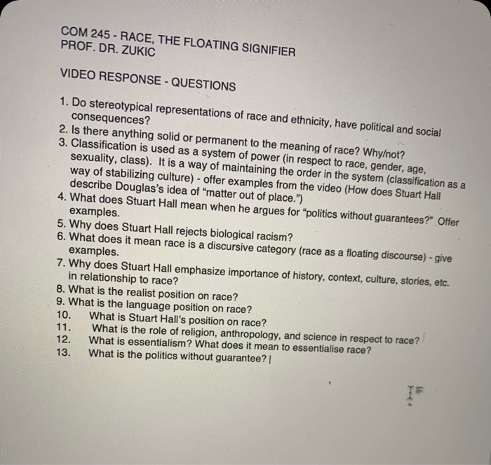 COM 245 - RACE, THE FLOATING SIGNIFIER PROF. DR. | Chegg.com