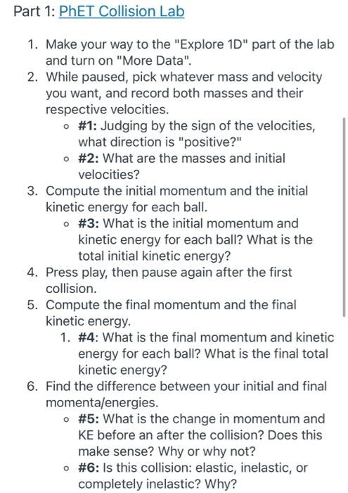 Solved Part 1: PhET Collision Lab 1. Make your way to the | Chegg.com