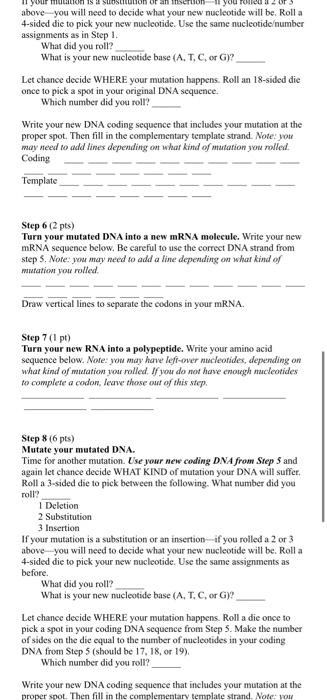 Solved Project - DNA Dice NAME: (1 pt) Α. 1 2 In this | Chegg.com