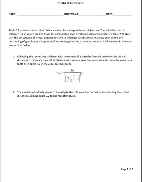 Solved Critical Distances NAME: STUDENT id n: DATE: Table | Chegg.com