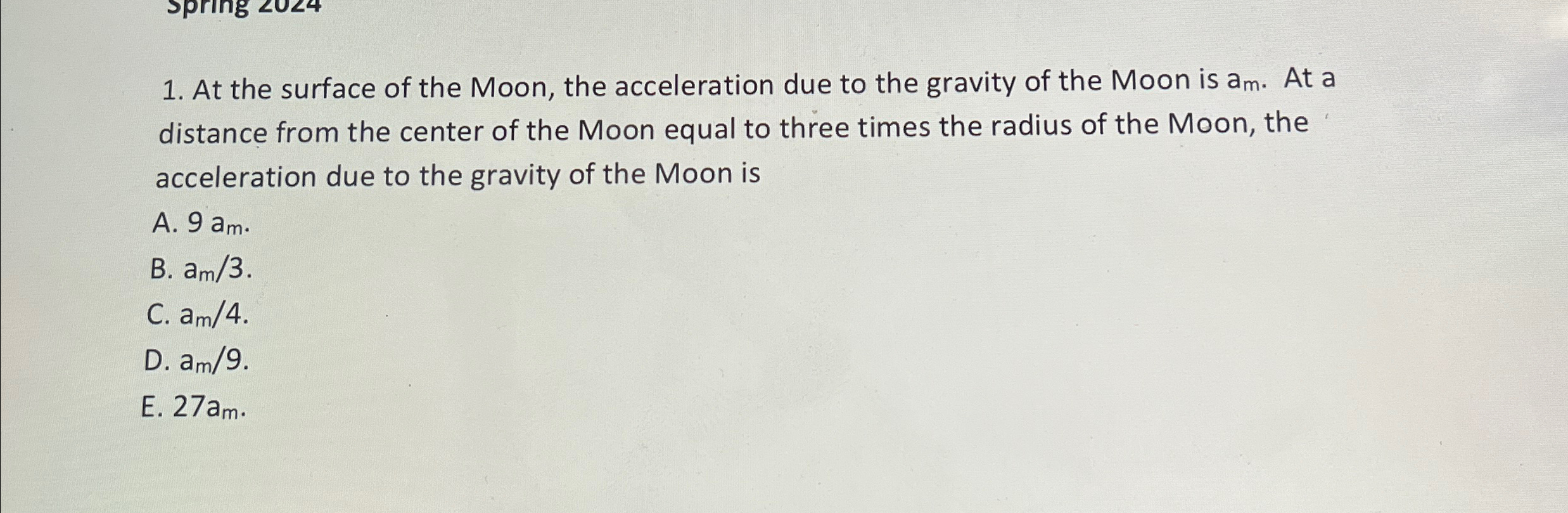 Solved At the surface of the Moon, the acceleration due to | Chegg.com