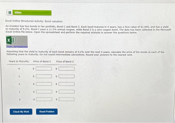 Solved Time Paths of Bonds C and ZExcel Online Structured | Chegg.com