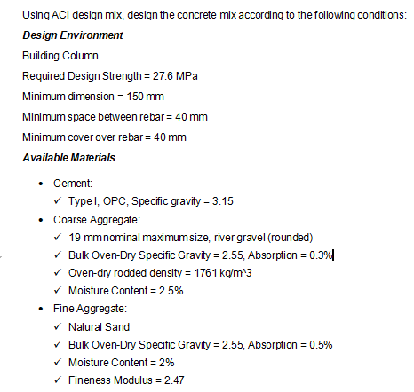 Solved Using ACI design mix, design the concrete mix | Chegg.com