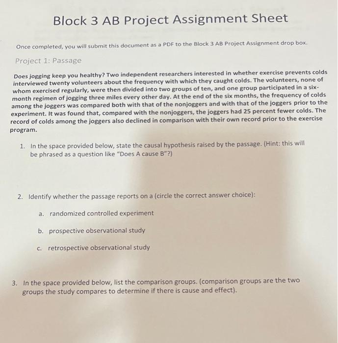 Block 3 AB Project Assignment Sheet Once completed, | Chegg.com