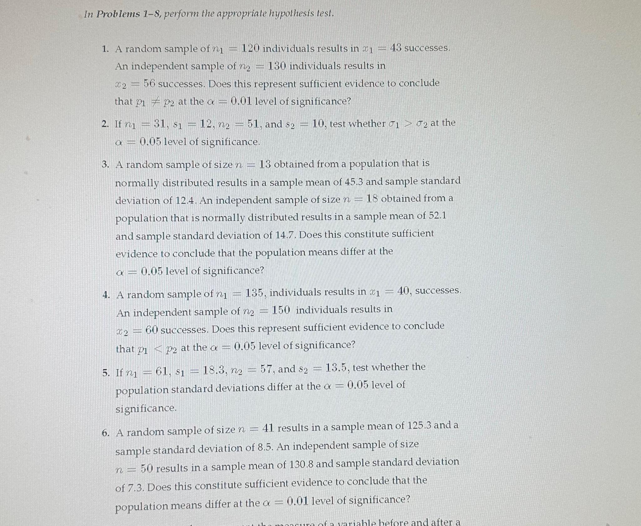 Solved In Problems 1-8, ﻿perform the appropriate hypothesis | Chegg.com