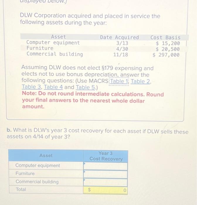 Solved DLW Corporation acquired and placed in service the | Chegg.com