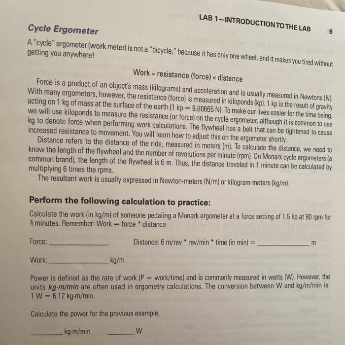 Solved LAB 1-INTRODUCTION TO THE LAB 9 Cycle Ergometer | Chegg.com