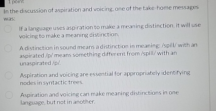 Solved 1 ﻿pointIn the discussion of aspiration and voicing, | Chegg.com