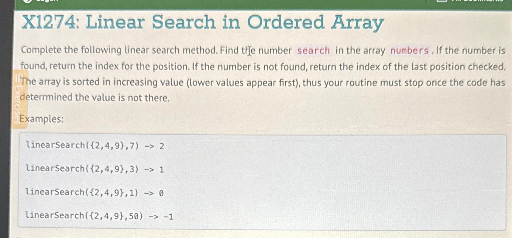 Solved X1274: Linear Search in Ordered ArrayComplete the | Chegg.com