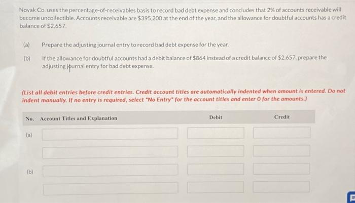 Solved Novak Co. uses the percentage-of-receivables basis to | Chegg.com