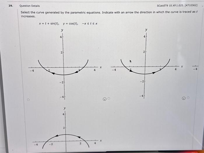 Solved Select the curve generated by the parametric | Chegg.com