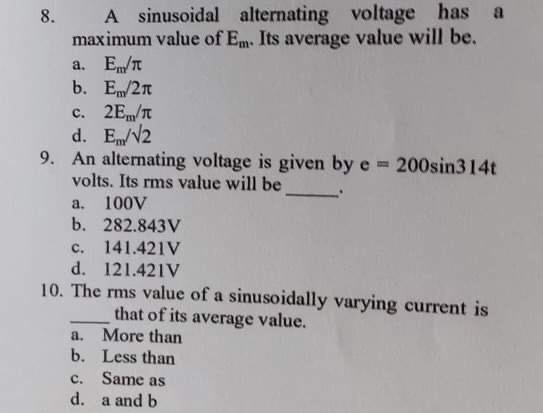 Solved 8. A sinusoidal alternating voltage has a maximum | Chegg.com