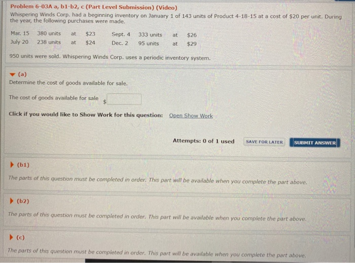 Solved Problem 6-03A a, bl-b2, c (Part Level Submission) | Chegg.com