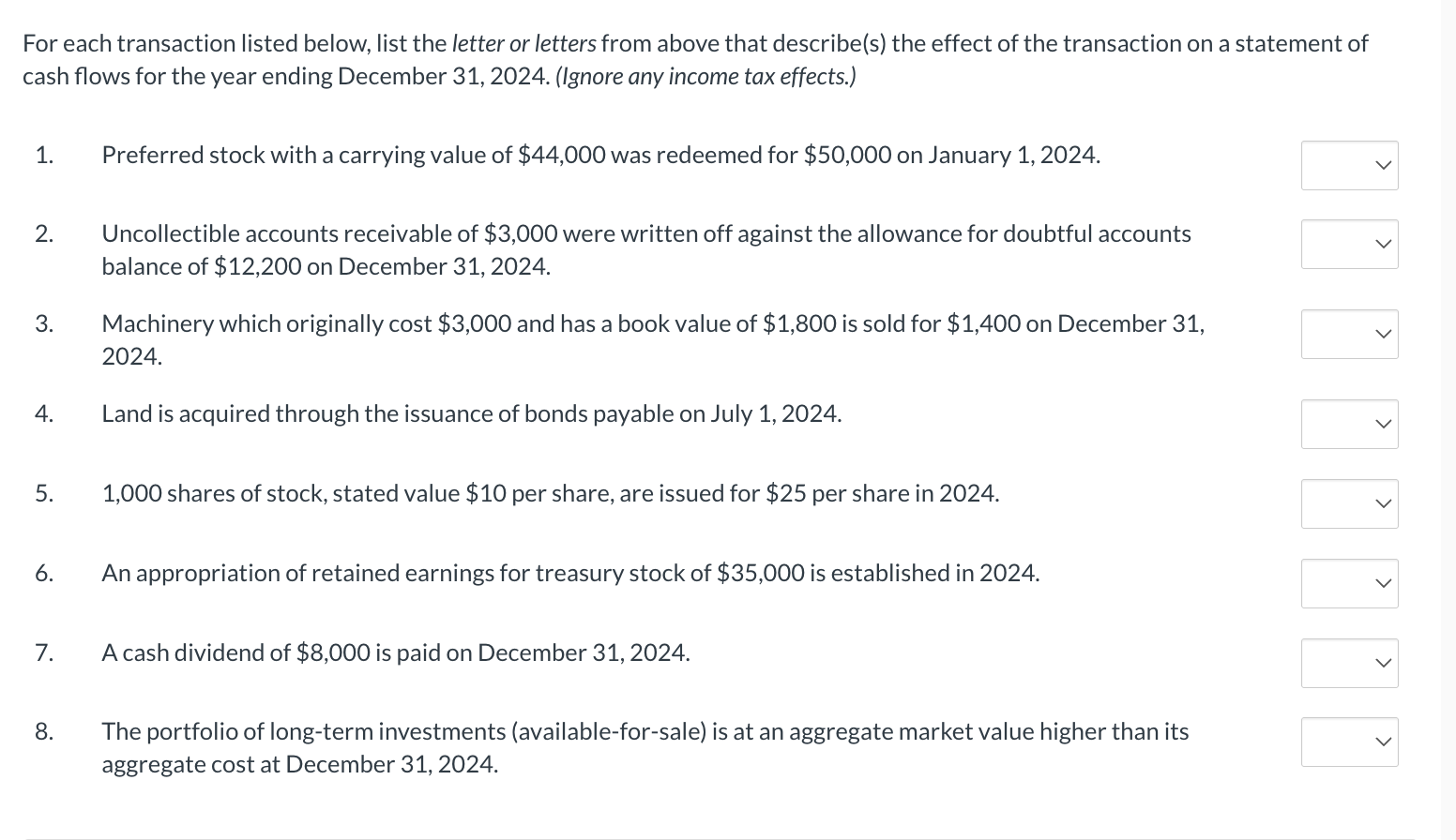 Solved For each transaction listed below, list the letter or | Chegg.com