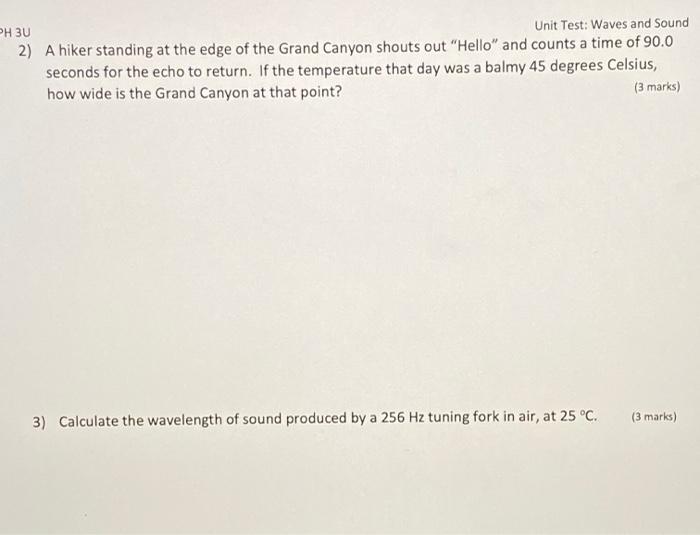 Solved PH 3U Unit Test: Waves and Sound 2) A hiker standing | Chegg.com