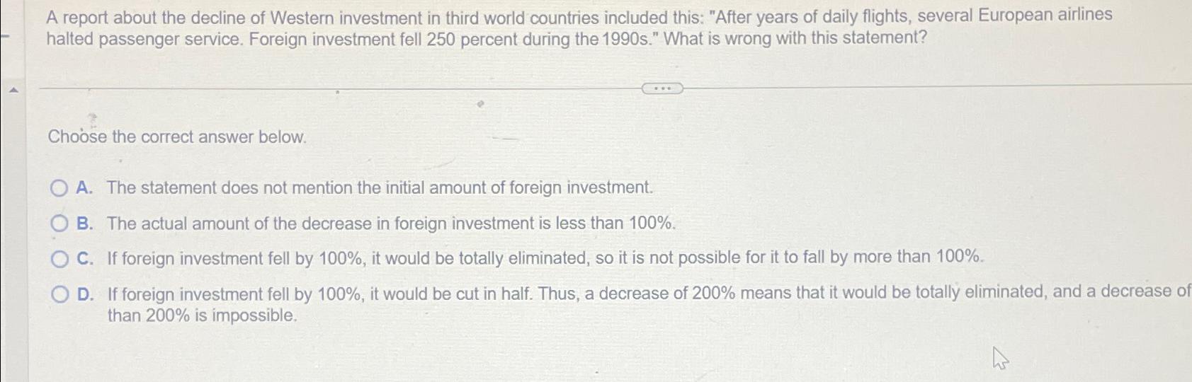 Solved A report about the decline of Western investment in | Chegg.com