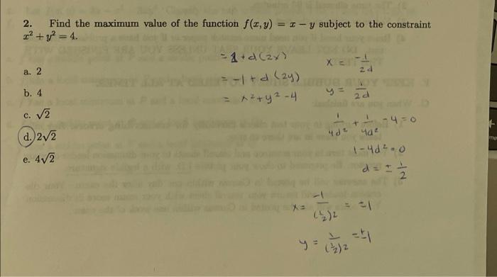 Solved 2 Find The Maximum Value Of The Function F X Y