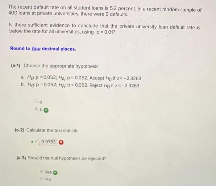 Solved The recent default rate on all student loans is 5.2 | Chegg.com