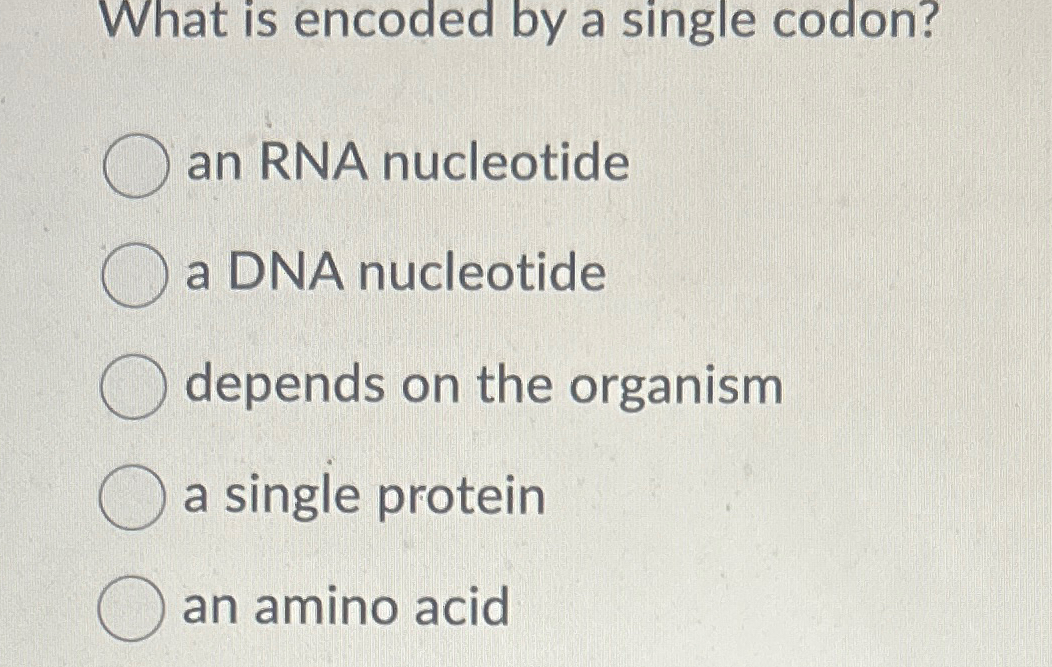 Solved What is encoded by a single codon?an RNA nucleotidea | Chegg.com