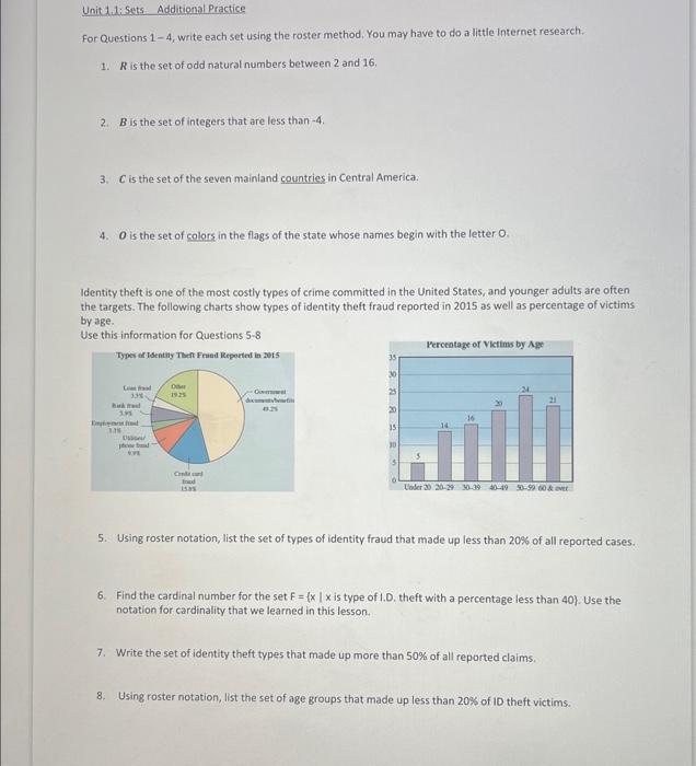 Solved Unit 1.1: Sets Additional Practice For Questions 1-4, | Chegg.com