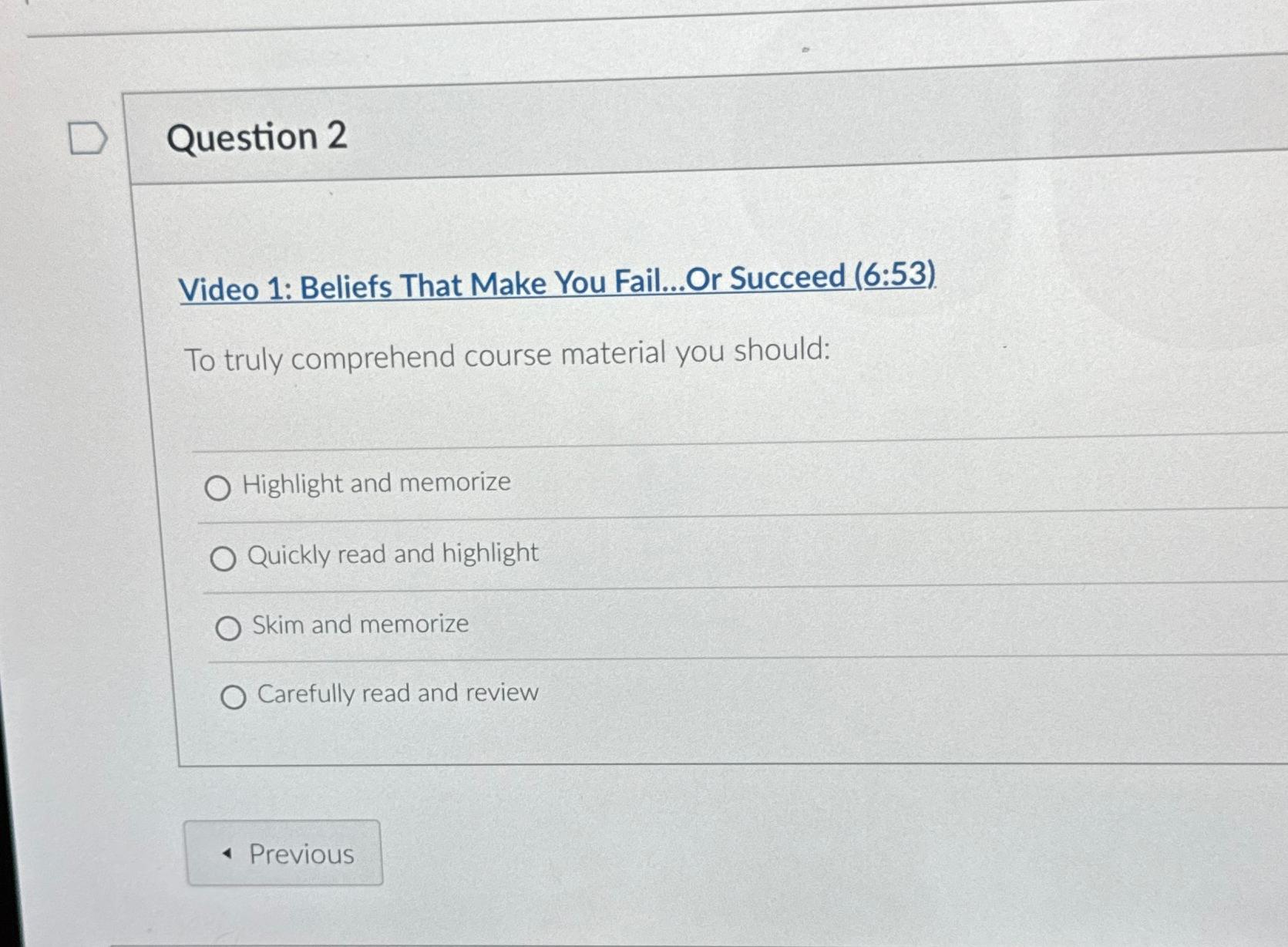 Solved Question 2Video 1: Beliefs That Make You Fail... Or | Chegg.com