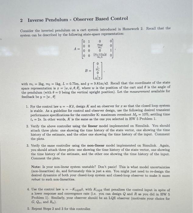 Solved 2 Inverse Pendulum - Observer Based Control Consider | Chegg.com