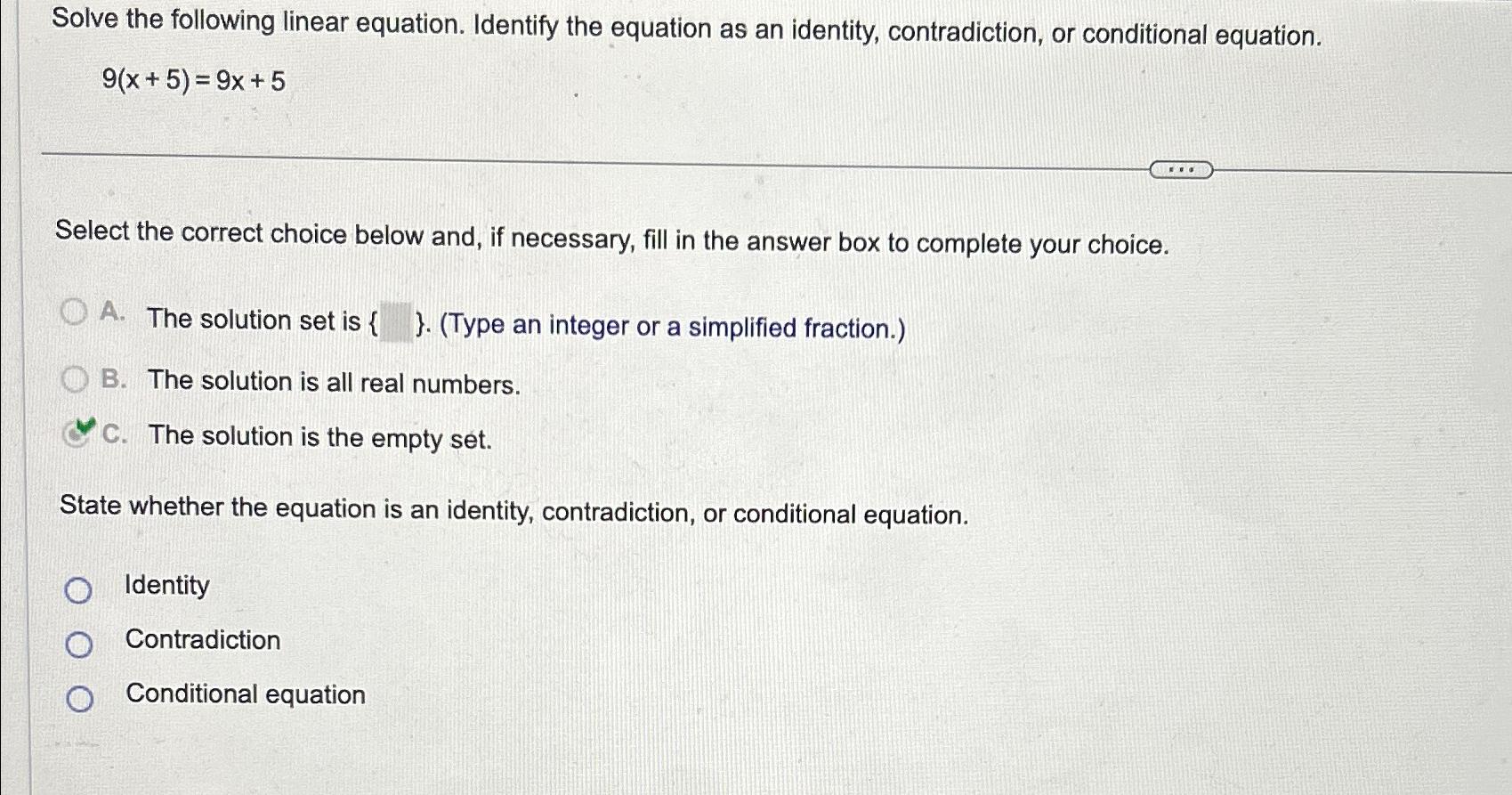 Solved Solve the following linear equation. Identify the | Chegg.com